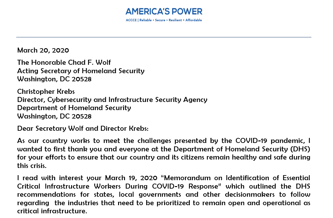 Americas Power Letter to Department of Homeland Security Regarding ...