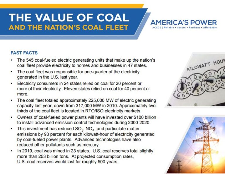 The Value of Coal and the Nation’s Coal Fleet Fact Sheet - America's Power