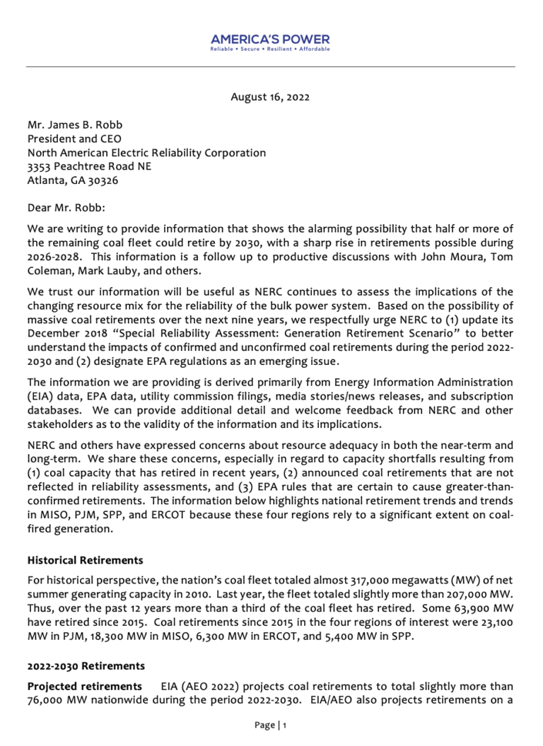 America’s Power Letter to NERC on Underestimated Coal Plant Retirements ...